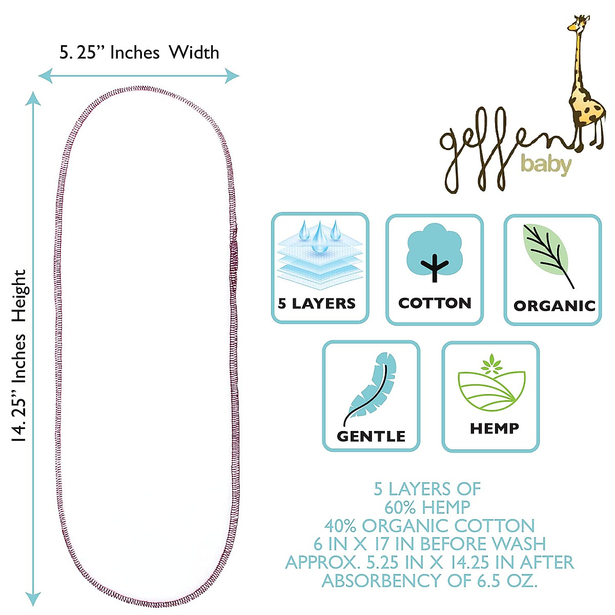 Geffen Baby Super Absorbers Plus Cloth Diaper Inserts, Reusable Liners for Baby Diapers, Booster Pads for Overnight Bedwetting, Nap Time, or Day Time Heavy Wetters, 5 Layer Absorbent Insert, 6 Pack