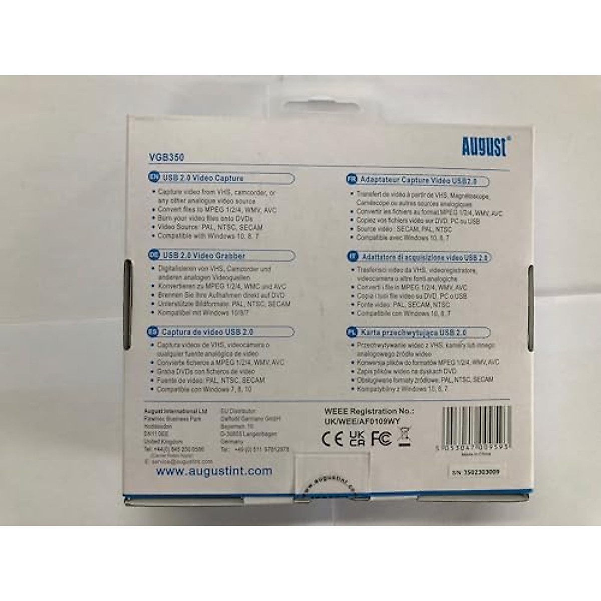 USB Video Capture Card Grabber - August VGB350 - Transfer VHS Mini DV Hi8 DVD to Computer for Windows 11,10,8,7, Composite S-Video, PAL/NTSC/SECAM, Convert Video from VCR & Camcorder