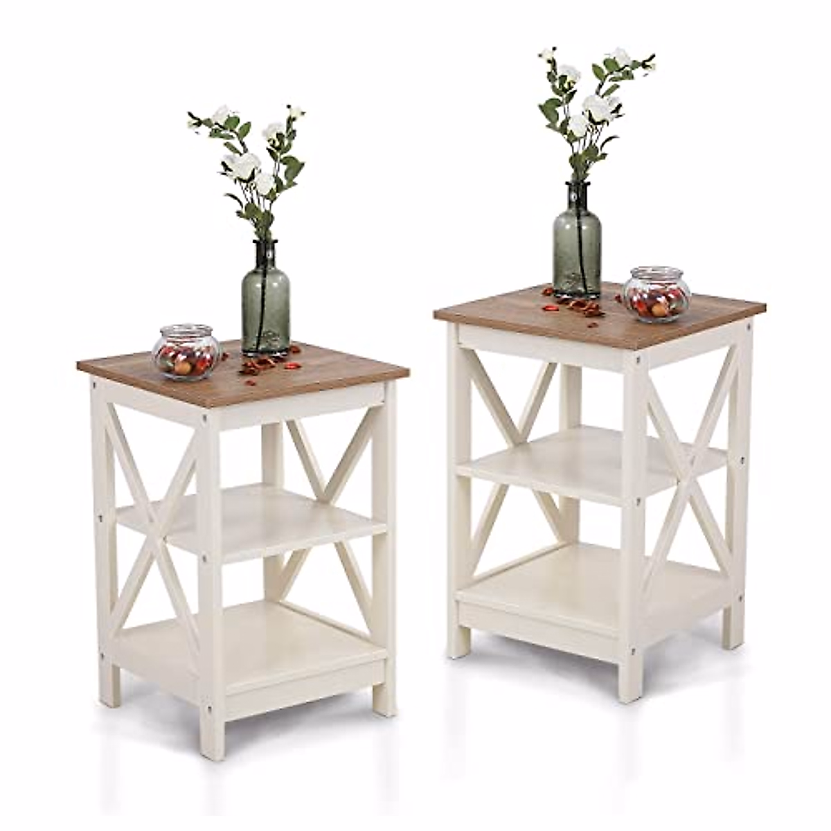 MAISON ARTS End Tables Living Room Set of 2 Farmhouse Side Tables 3-Tiers Rustic Nightstands with Storage for Bedroom, Modern Wood Look Mid Century Accent Furniture, Easy Assembly, Ivory