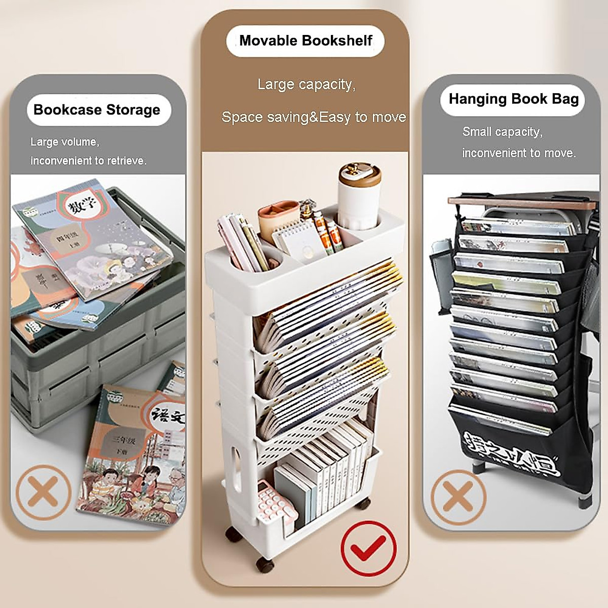 XIYAO 5 Tier Book Rack Storage Bookshelf,Plastic Removable Rolling Utility Cart Multi-Functional Movable Storage Book Shelves with Lockable Casters for Students Study Office Classroom,White