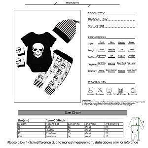 puseky 4pcs Newborn Baby Boys Girls Skull Romper+Pants+Hat+Mitten Halloween Outfit Set (0-6 Months, Black+White)