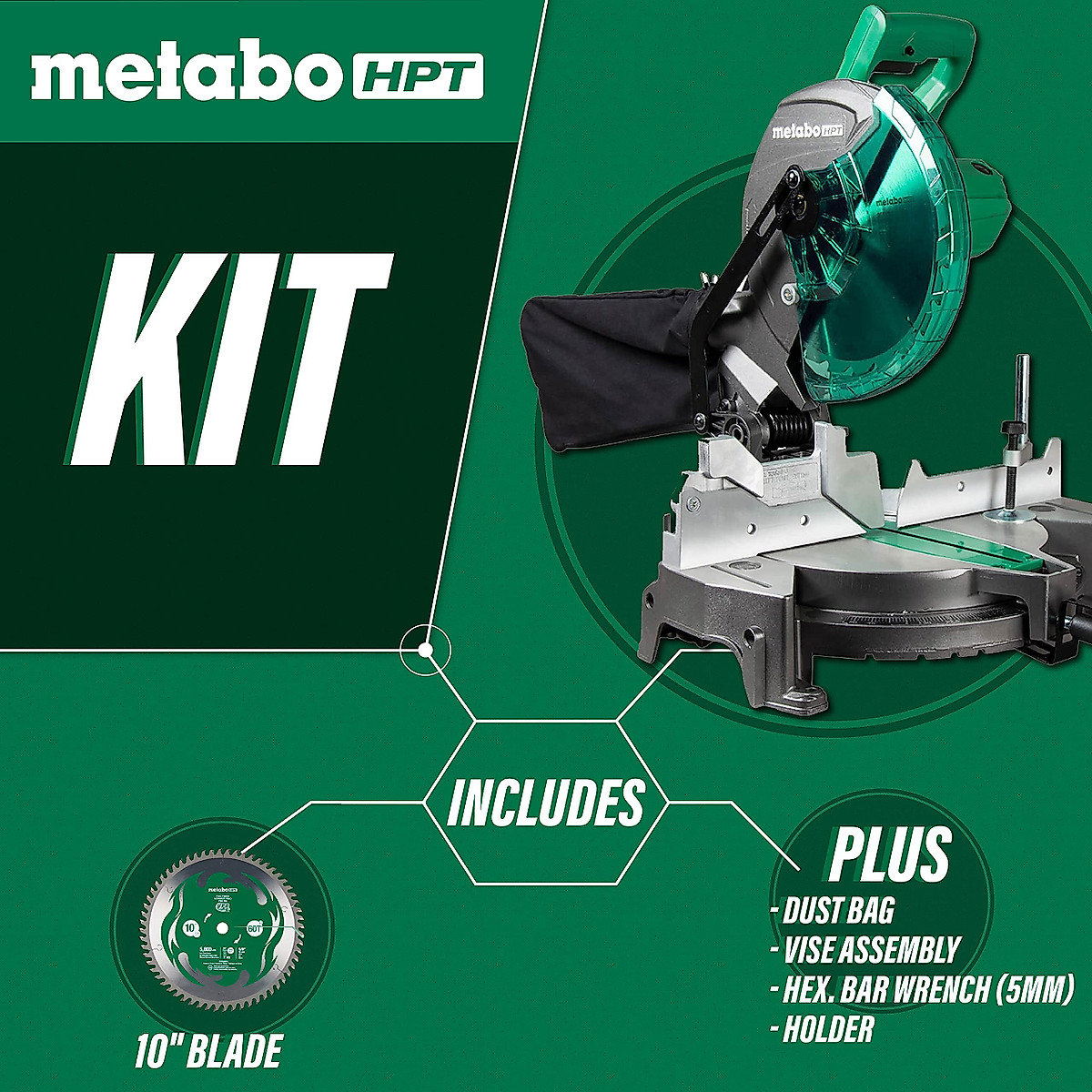 Metabo HPT | Compound Miter Saw | 10-Inch | Single Bevel | 15-Amp Motor | 0-52° Miter Angle Range | 0-45° Bevel Range | Large Table | 10" 24T TCT Miter Saw Blade | C10FCGS