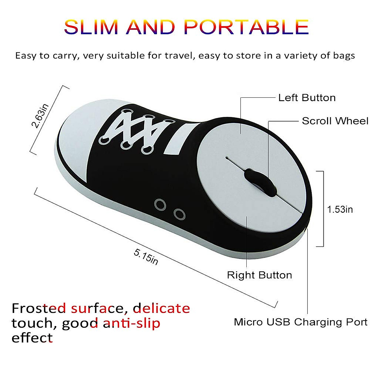 CHUYI Cool Canvas Shoes Shape Ergonomic Design Rechargeable Wireless Mouse Slim Optical Mice with USB Receiver (Stored at Bottom of The Mouse) for PC, Laptop, Computer (Black)