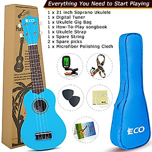 iECO Soprano Ukulele Beginner Kit for Kids Adults 21 Inch Ukelele w/Case Strap Tuner Strings Picks (Blue)