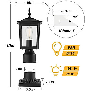 CINOTON Dusk to Dawn Outdoor Post Light Fixtures, Modern Exterior Post Lantern 6-Inch with Pier Mount Base, Aluminum Lamp with Clear Glass Waterproof for Garden Patio Pathway Deck