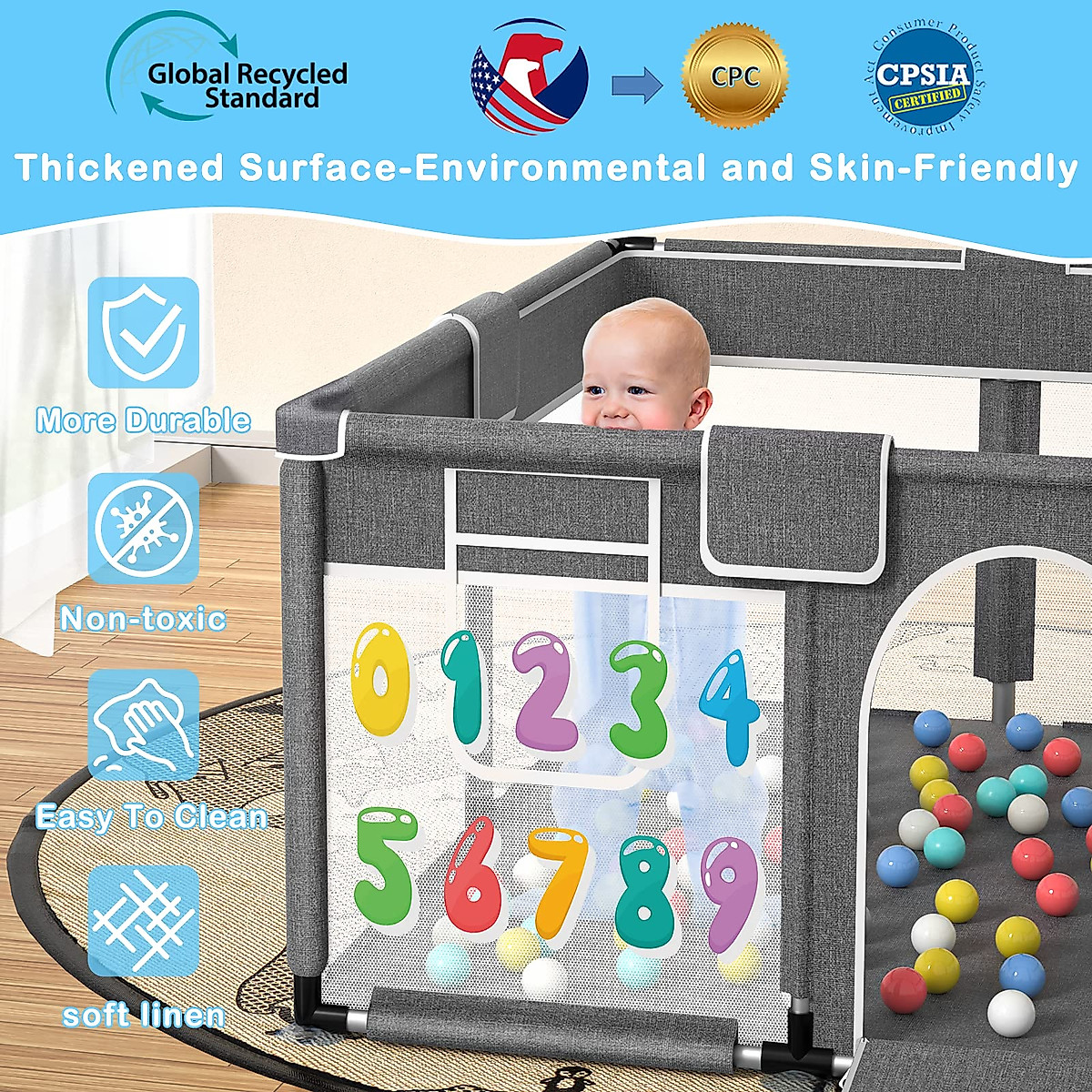 Baby Playpen with Play Mat, 71x51 Extra Large Playpen with Gate, Indoor & Outdoor Baby Fence, Anti-Fall PlayYard for Babies and Toddlers, Kids, Children's