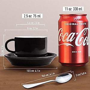 homEdge Premium Espresso Cups and Saucers Set with Espresso Spoons - 2.5 oz, Set of 4, Black