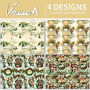 Vnaaem Vintage Christmas Wrapping Paper Retro Santa Claus Balloon Bell Gift Wrap Paper Bulk Xmas Folded Flat for Christmas Holiday Party Celebration - 20 X 28Inches Per Sheet(8 Pack)