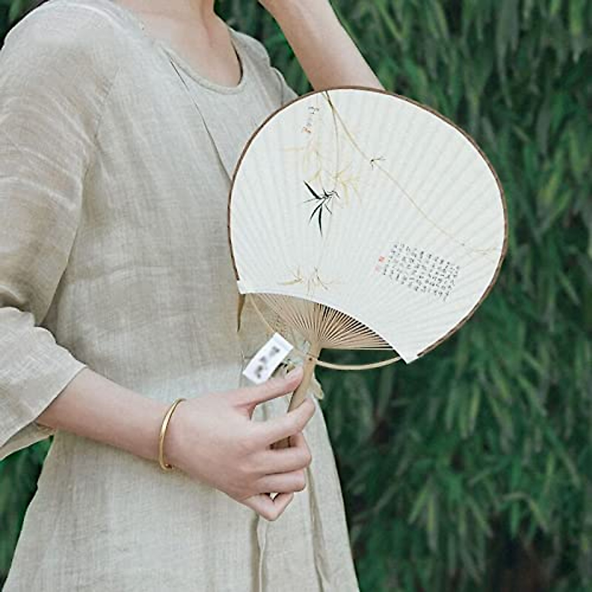 PHONME Handmade Art Round Fan New Chinese Flower Fan Summer Bamboo Fan Paper Round Fan Art Gift Vintage Style