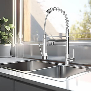 ZSW Kitchen Faucet with Pull Down Sprayer, Commercial Kitchen Sink Faucet with Pot Filler, Single-Handle Chrome Plated Stainless Steel Spring Sink Faucet