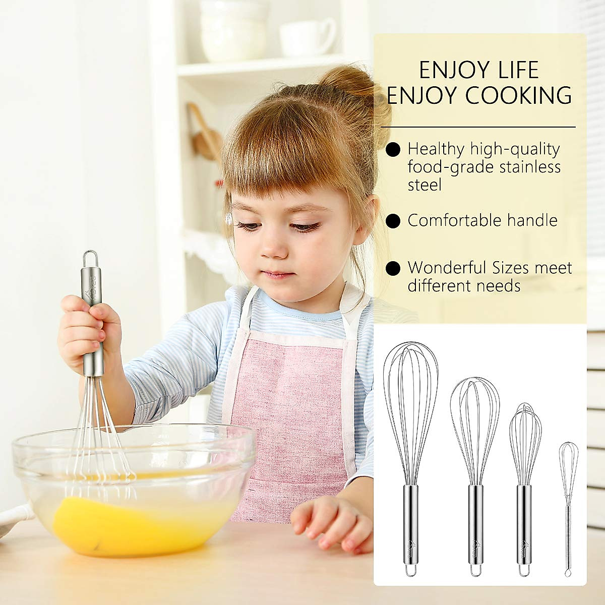 HOTEC 4 Pieces Stainless Steel Whisks Set Wire Whisk Balloon Whisk Egg Beater Kitchen Utensils for Stirring, Beating, Blending