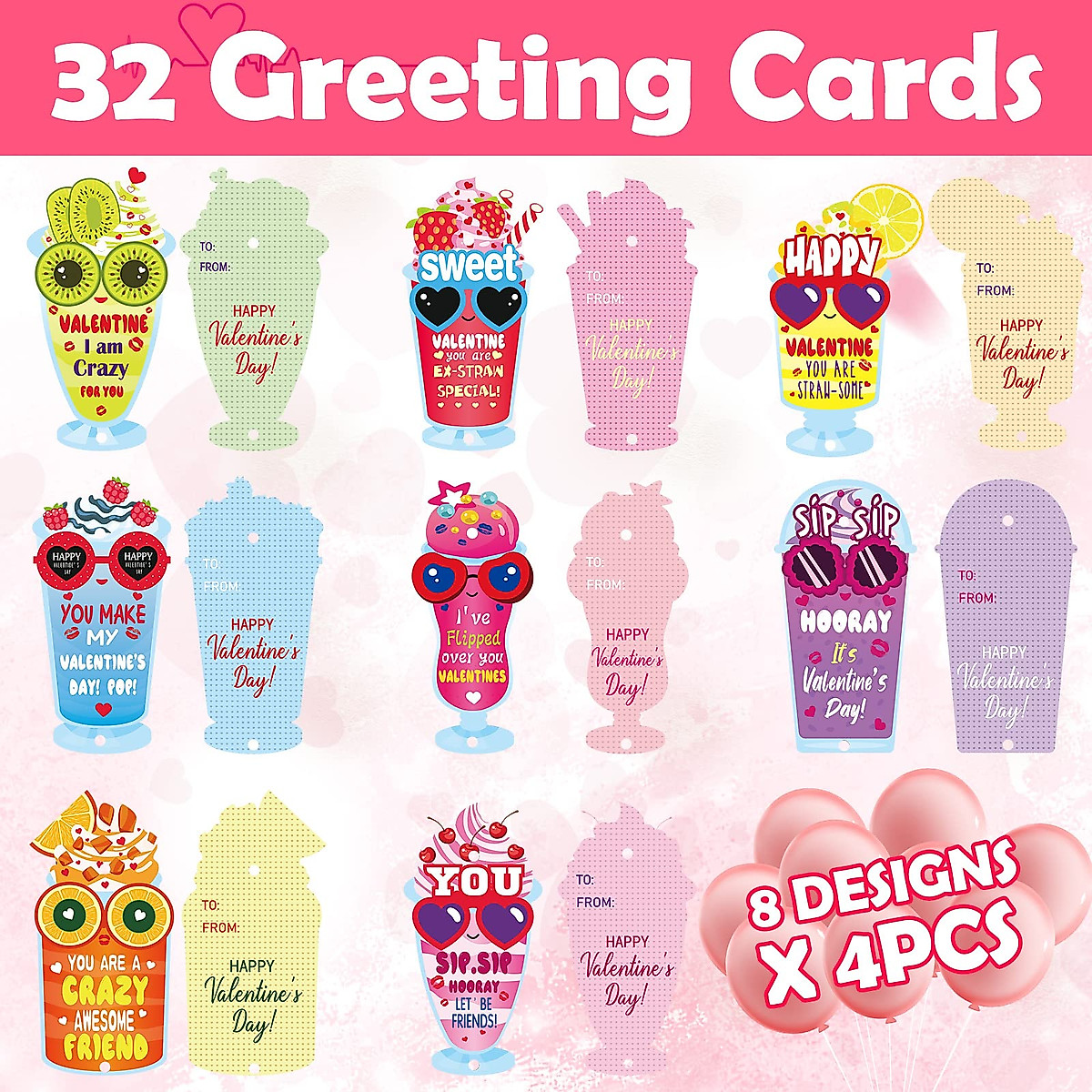 Valentines Day Cards, 32 Pack Crazy Straws Bulk, Silly Straws for Kids Colorful Valentine Exchange Cards Loop Reusable Drinking Straws Valentine Gifts for Classroom Boys Girl School Party Game Favor