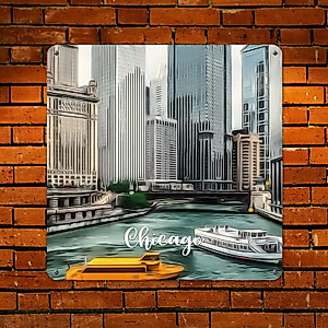WoGuangis USA City Chicago Metal Plaque Tin Sign American Cities in Illinois States Street Hanging Sign Travel Gift Souvenir Aluminum Art Signs Quality Metal Sign for Front Porch Garden 12x12in