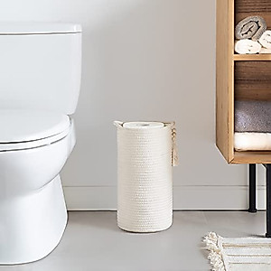 Mkono Woven Toilet Paper Holder Boho Basket for Toilet Paper Storage, Bathroom Decor Toilet Roll Holder Stand with Wooden Beads for 3 Spare Rolls, Cotton Rope Toilet Paper Organizer Basket with Handle