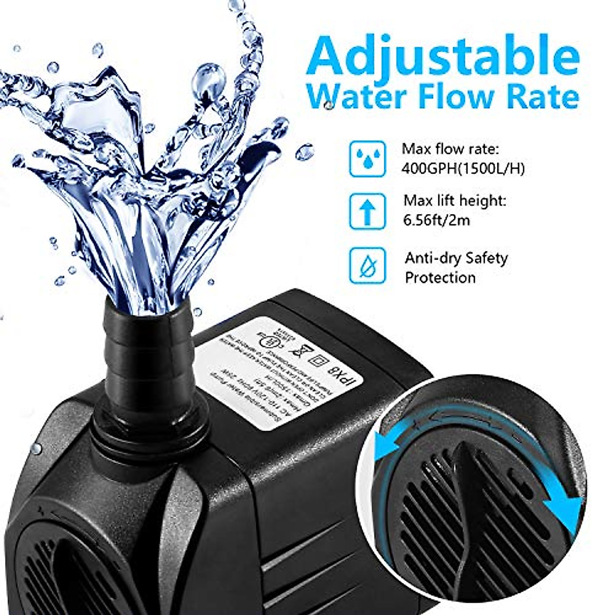 CWKJ Fountain Pump, 2 Packs 400GPH(25W 1500L/H) Submersible Water Pump, Durable Outdoor Fountain Water Pump with 6.5ft Tubing (ID x 1/2-Inch), 3 Nozzles for Aquarium, Pond, Fish Tank, Water Pump