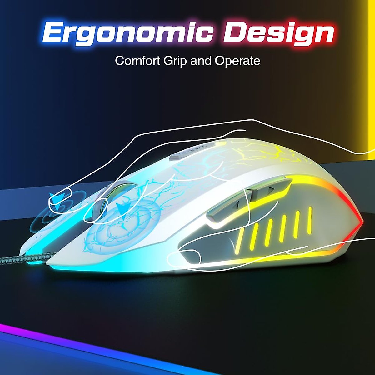 VersionTECH. Wired Gaming Mouse, Computer Mouse Ergonomic Mice with 7 LED Lights RGB Backlit, 6 Programmable Buttons, 4 Adjustable DPI for Laptop PC Gamer Desktop Chromebook Mac Games-White