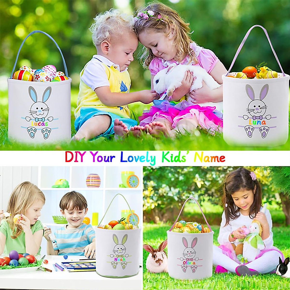 4 Pack Easter Bunny Basket Bags Gift Basket Easter Bag Bunny Ear Bag Tote Bag for Egg Hunting Candy and Gifts Carry Bucket (Easter Bunny Bag 01)