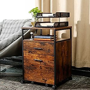 TC-HOMENY Mobile File Cabinet on Wheels Office Cabinet with 2 Drawers, Wood Filing Cabinet fits A4 or Letter Size for Home Office, Rustic Brown