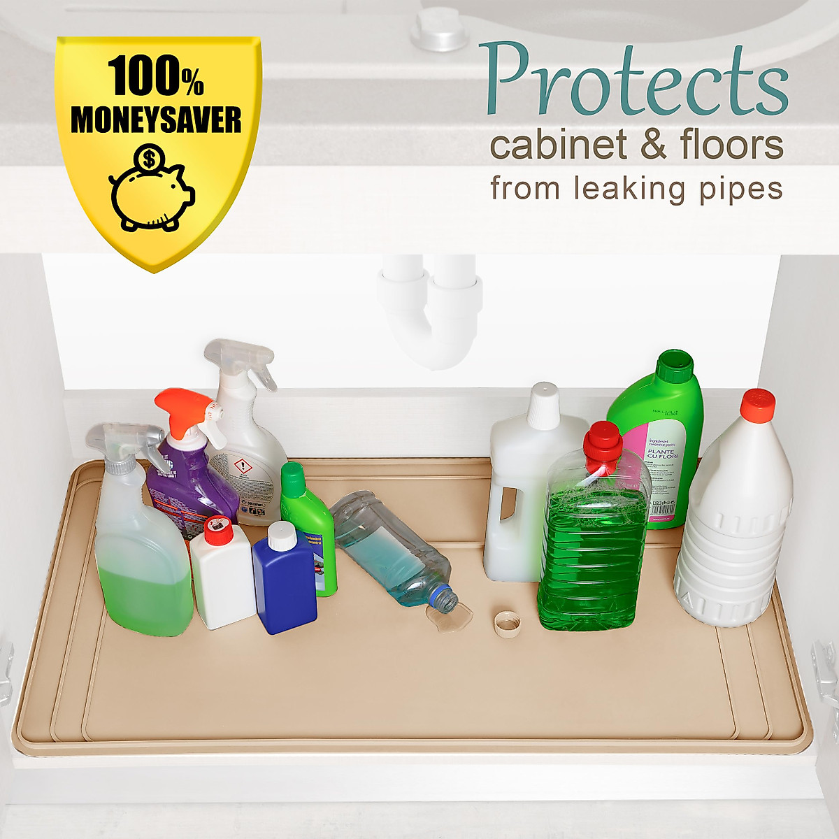 The Original Under Sink Mat - Silicone Waterproof mat, Adjustable, Easy to Clean, Kitchen cabinet liner, Disifenction Surface - 34" x 22" or smaller