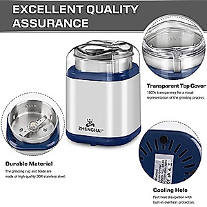 ZHENGHAI Electric Herb Grinder 200w Spice Grinder Compact Size, Easy On/Off, Fast Grinding for Flower Buds Dry Spices Herbs, with Pollen Catcher and Cleaning Brush (Stainless Steel & Blue)