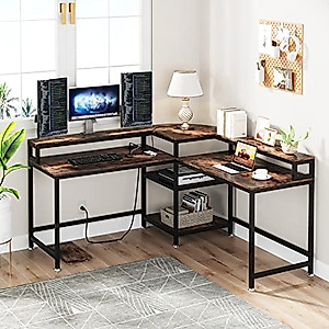TIYASE L Shaped Desk with Power Outlet and USB Port, 59 in L-Shaped Computer Corner Desk with Storage Shelves, Home Office Desk Workstation with Monitor Stand, Tower Shelf, Rustic Brown