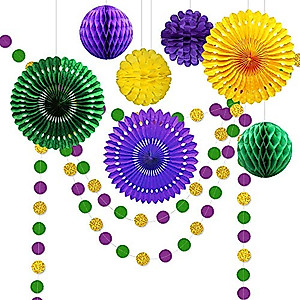 Decor365 Gold Purple Green Mardi Gras Party Decorations Glitter Circle Garlands Banner Paper Fan Tissue Pompoms Fat Tuesday/Mardi Gras Decor/Baby Shower/Birthday/Wedding/Cavinal Party Decor