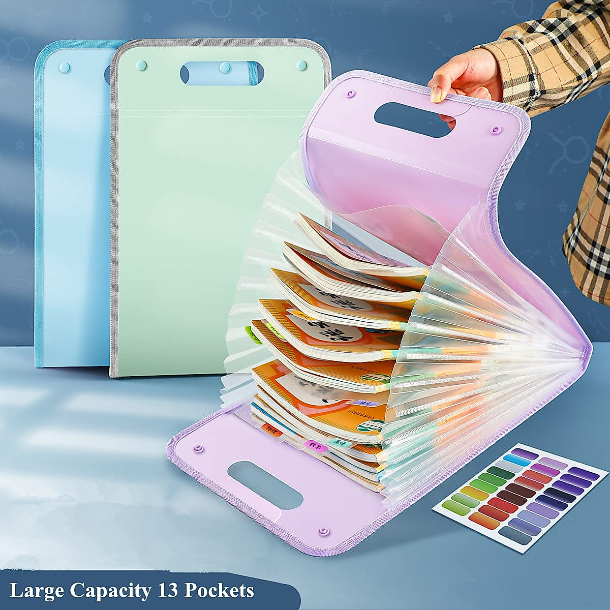 Ailifly A4 Black Polypropylene File Folder, Large Capacity, Tear-Resistant, Waterproof, Double Snap Design, 13 Pockets, 168 White Labels, 1 Pack
