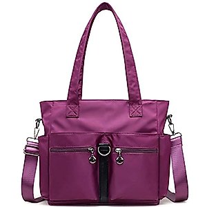 Dayfine Nylon Tote Bags for Women Waterproof Shoulder Bag Satchel Casual Handbags Lightweight Purse Multiple Pockets Bag-Purple
