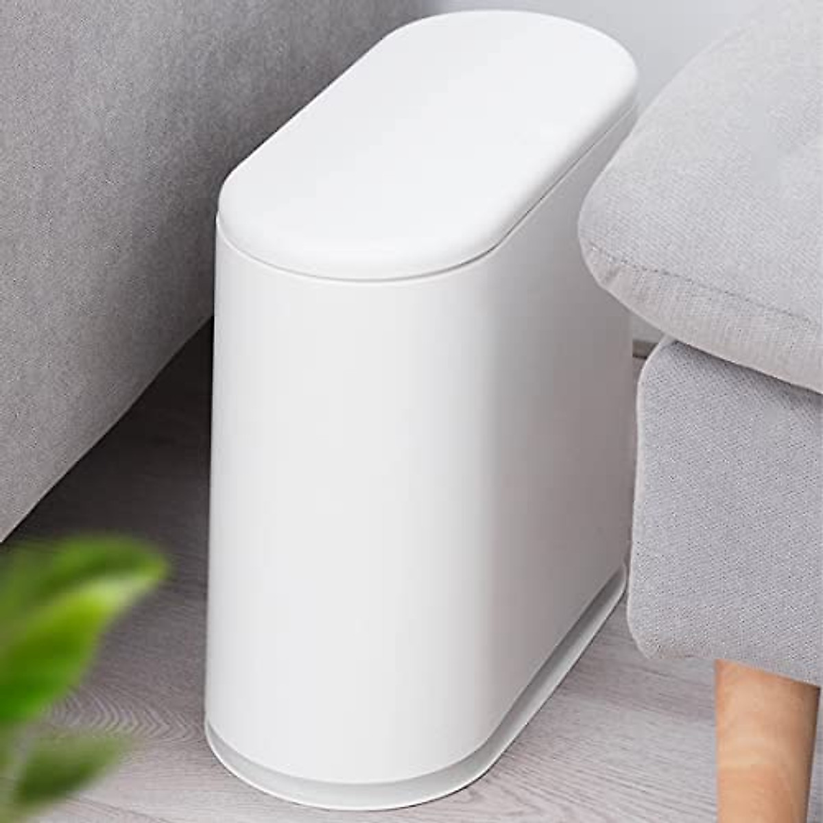 10 Liter Slim Trash Can with Press Top Lid, Oval Split Garbage Bin for Home, Office, Bathroom, (White)