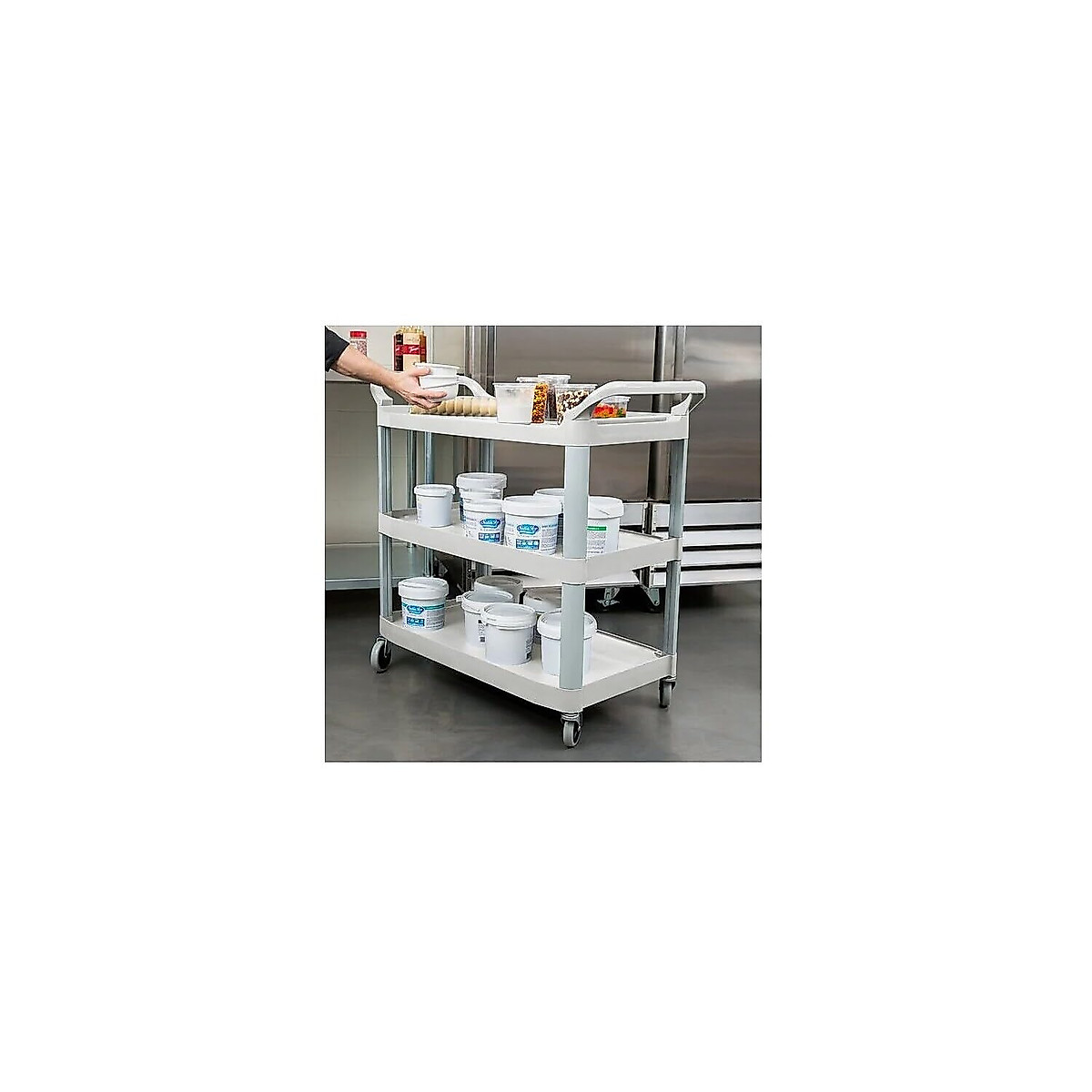 Rubbermaid Commercial Products Heavy Duty 3-Shelf Rolling Service/Utility/Push Cart, 300 lbs. Capacity, White, for Foodservice/Restaurant/Cleaning (FG409100OWHT)