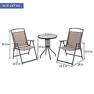 VredHom 3 Piece Patio Bistro Set,Outdoor Conversation Set Outdoor Patio Furniture Set Round Glass Top Table with 2 Folding Chairs for Balcony,Porch,Deck(Beige)