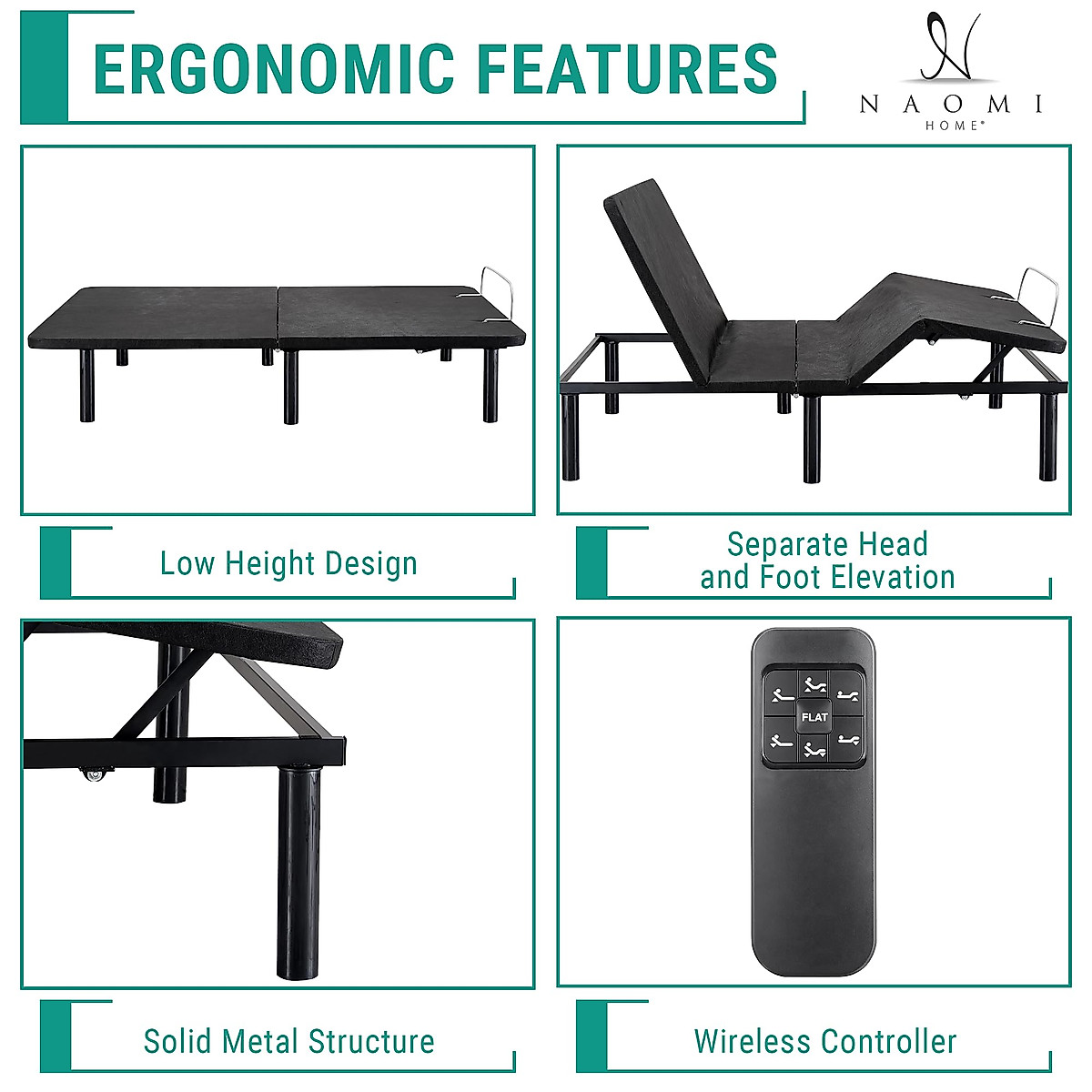 Naomi Home 15" Adjustable Bed Frame with Head & Foot Incline, Height Adjustable Bed Base, Black - Full