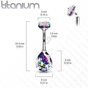 Dynamique Implant Grade Titanium Internally Threaded Top Prong Set Pear CZ Belly Button Rings (Sold Per Piece)