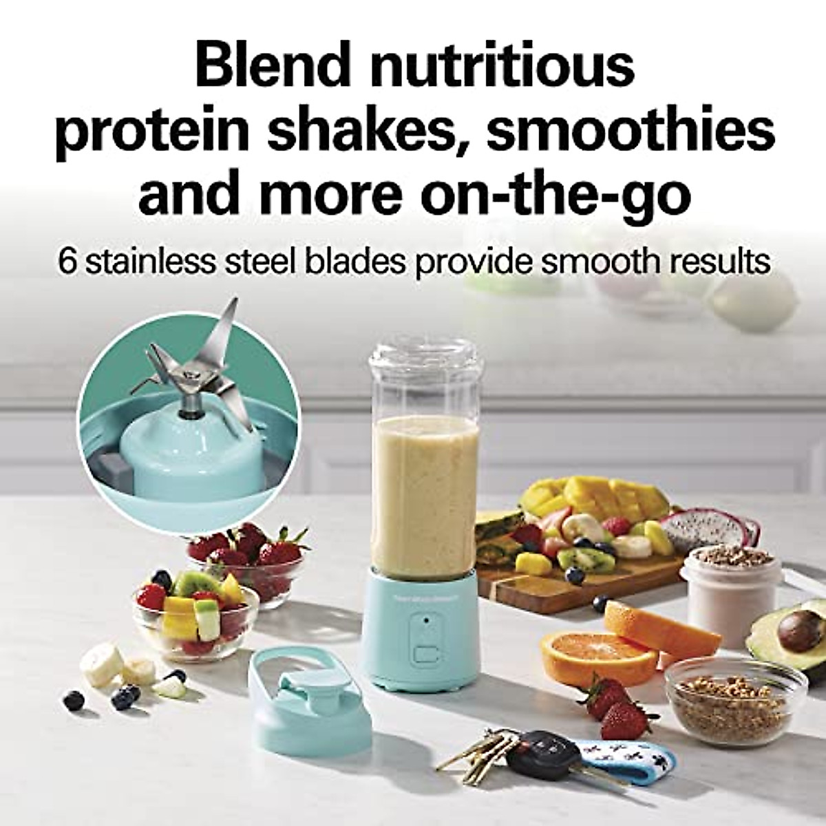 Hamilton Beach Mini Cordless Portable Personal Blender for Shakes and Smoothies, USB Rechargeable, 16 oz. Jar with Leakproof Travel Lid, 6 Stainless Steel Blades, Blue (51182)