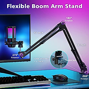 NJSJ USB Gaming Microphone for PC, Condenser Mic with Boom Arm for PS4/ PS5/ Mac/Phone with Touch Mute, RGB Lighting,Gain knob & Monitoring Jack for Streaming,Podcasting,YouTube