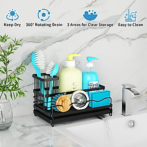 Godboat Kitchen Sink Organizer - 201 Stainless Steel Sink Caddy with Dish Brush Holder, Sponge Holder with Auto-Drain, 360° Swivel Spout, Kitchen Gadgets and Decor for Tiny Home, Gifts for Women, Mom