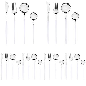 Dnalrhoi 24-Piece Korean Silverware Sets Mirror Polished Stainless Steel Western Flatware Cutlery Set Service for 6 Including Forks Spoons Knives Kitchen(White Silver)