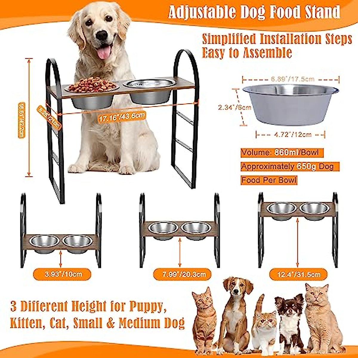 Alpeir Elevated Dog Bowls, Raised Dog Bowl Stand with 2 Stainless Steel Food Bowls, Adjustable Pet Feeder Station, Retro Brown