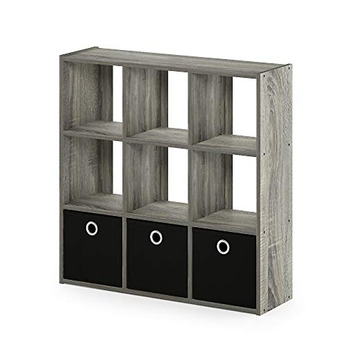 Furinno 13207GY/BK Simplistic 9-Cube Organizer with Bins, French Oak Grey/Black