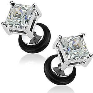 16g Surgical Steel Square Crystal Dia Cut Cheater Plug Earrings (Clear CZ)