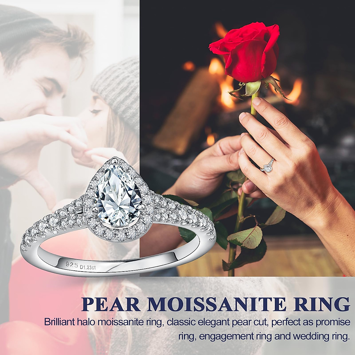 DAYBYDAY Pear Shaped Moissanite Engagement Rings for Women 925 Sterling Silver Lab Grown Diamond Teardrop Wedding Ring 1 Carat Pear Cut Promise Ring Size 6