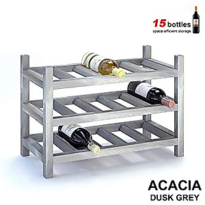 INTERBUILD Solid Hardwood Wine Rack Storage Shelf 3-Tier Stackable Freestanding Wine Bottle Holder 15 Bottles, Dusk Gray