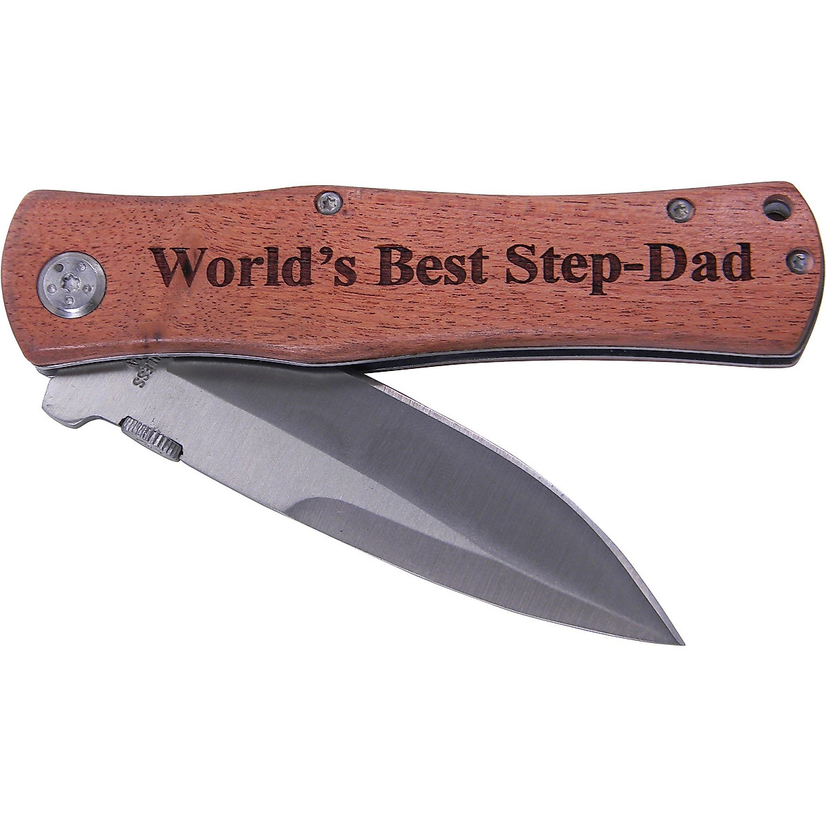 World's Best Step-Dad Folding Pocket Knife with Pocket Clip - (Wood Handle)