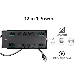 Monoprice 12 Outlet Slim Surge Protector Power Strip - 10 Feet - Black | Heavy Duty Cord | UL Rated, 4,230 Joules With Grounded And Protected Light Indicator
