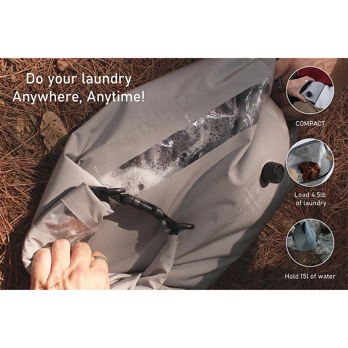 Noitullop Washbag Portable Washing Machine - 15L Fully Waterproof Dry Bag - Lightweight Compact Nylon Washing Machine - Portable Manual Clothes Washer Laundry Bag (Gray)