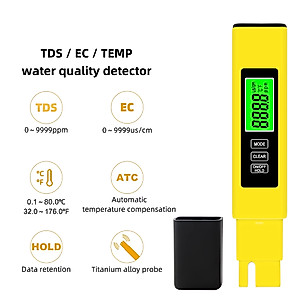 TDS Meter Digital Water Quality Tester,EC Meter & Temperature Meter 4 in 1,for Ro-Rodi System Drinking Water,Water Quality Tester 0-9990 PPM Measuring Range,1 PPM Increments（Yellow）