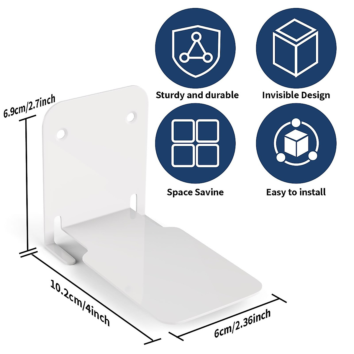 E-Senior Invisible Floating Bookshelves Set of 2, White Wall Mounted Bookshelf, Heavy-Duty Book Organizers, Iron Hanging Shelves for Bedroom, Living Room, Kitchen, Office