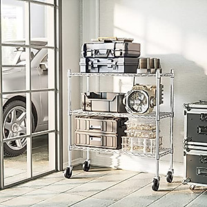 Auslar 3-Shelf Storage Shelves with Casters Heavy Duty 3-Tier Rolling Cart Utility Racks Adjustable Wire Metal Storage Shelving, Chrome