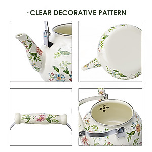 OLYTARU Enamel Teapot floral,Large Porcelain Enameled Teakettle,Colorful Water Tea Kettle pot for Stovetop,Small Retro Classic Design (style01 Growing)