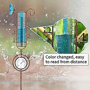 VANCORE 32 Inch Rain Gauge Outdoor with Waterproof Thermometer, 7 Inch Rain Guage Easy to Read, Detachable Rustproof Metal Frame with Replacement Glass Tube, Butterfly Decor for Yard & Garden